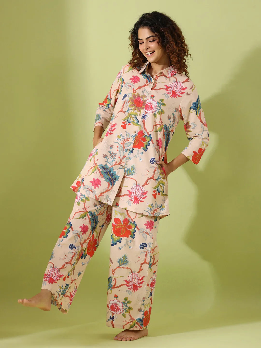 Beige Printed pure cotton co-ord set