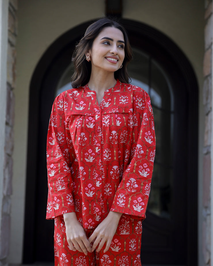 Carmine red Cotton Night Suit Set – Sanskruti Homes